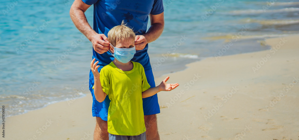 Normal reality COVID pandemic. Father ask boy put on mask protect ...