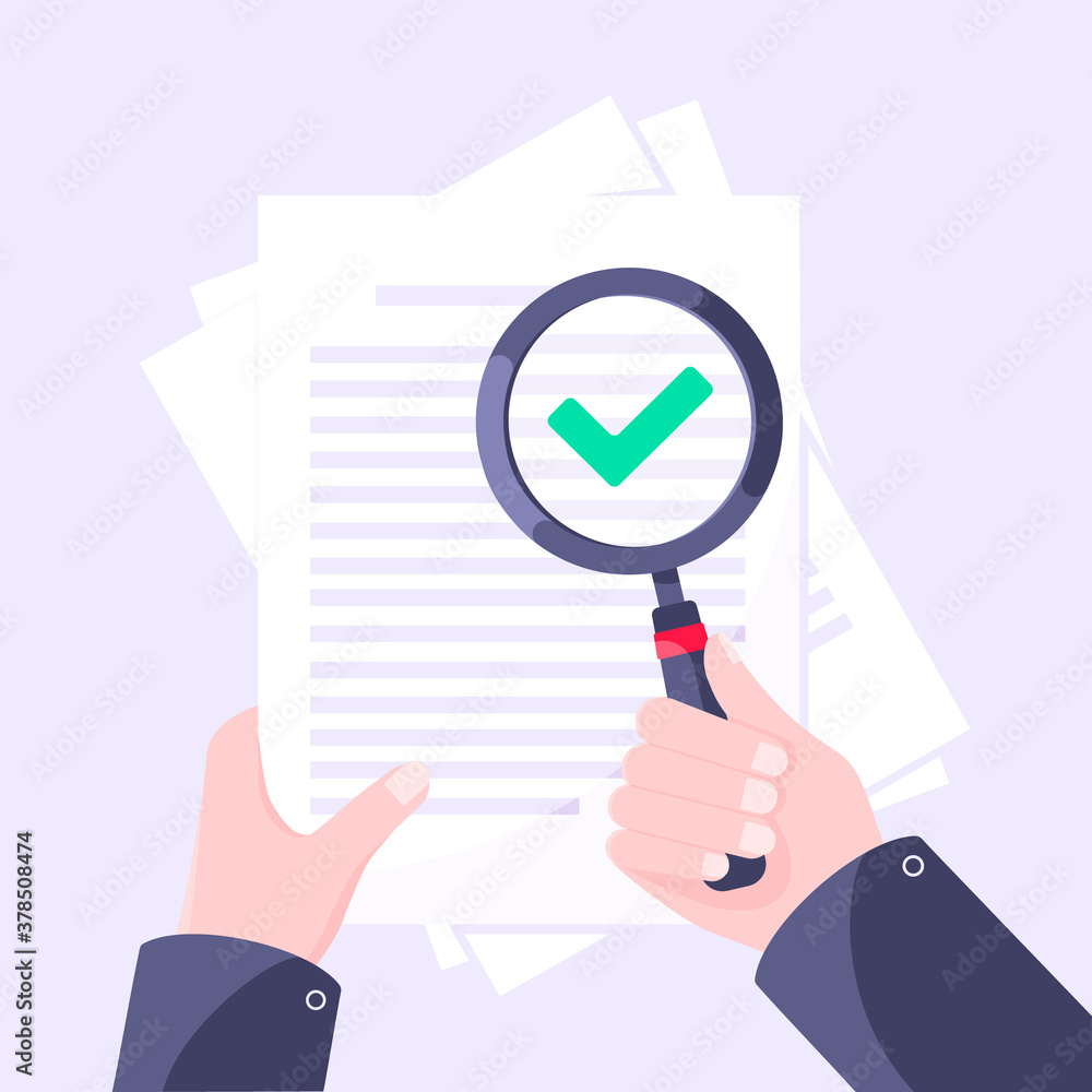 Document verification concept with hand and magnifier, paper sheets and ...