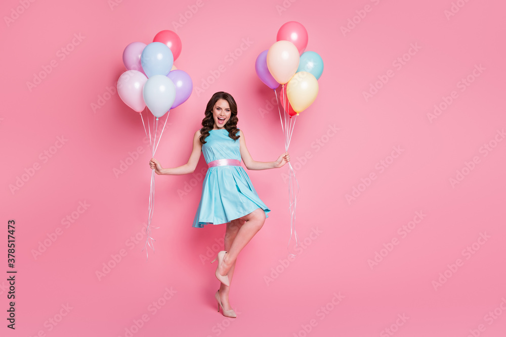 Full length photo of curly pretty lady festive event prom party hold ...