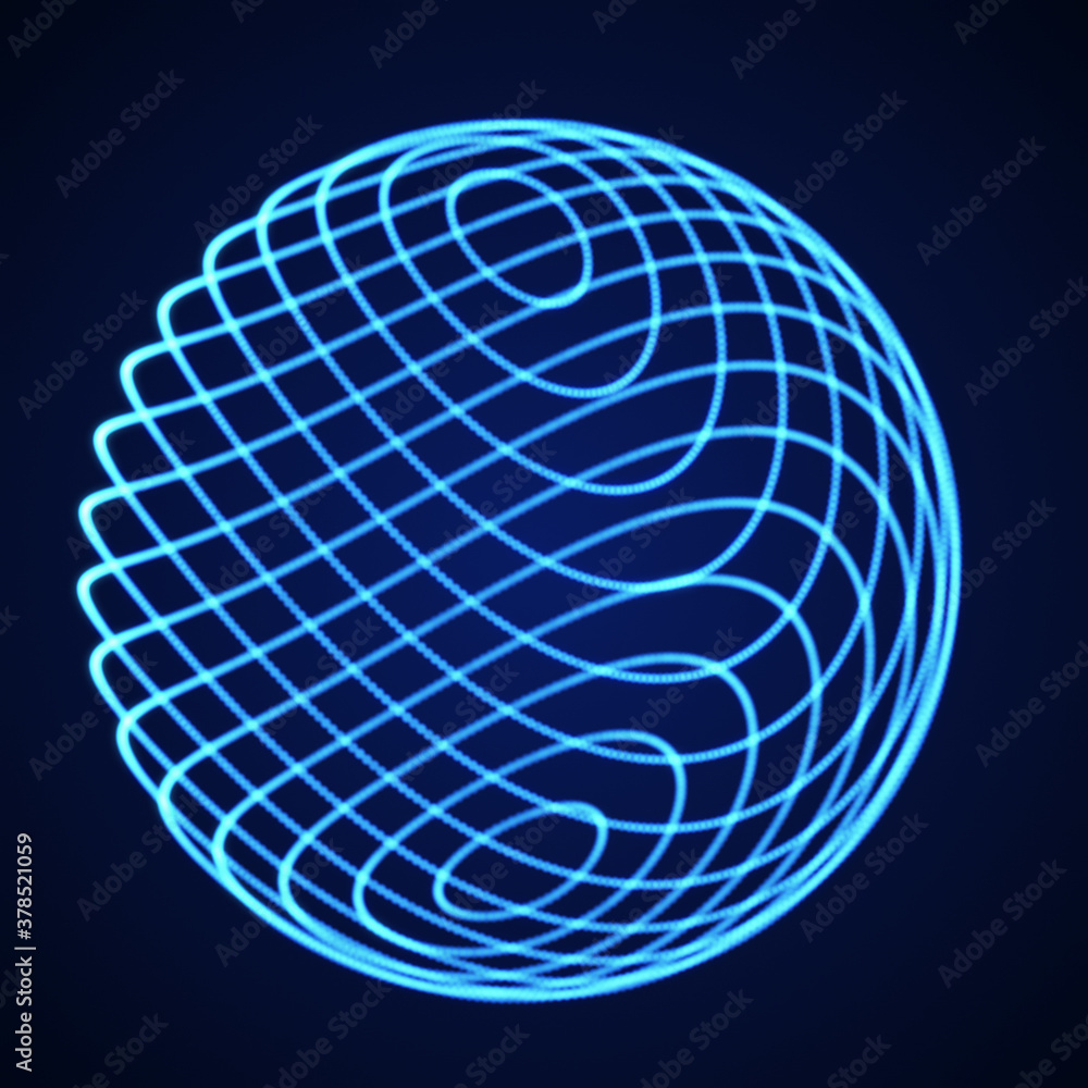 3d abstract sphere of particles. Twisted lines of sphere on dark ...