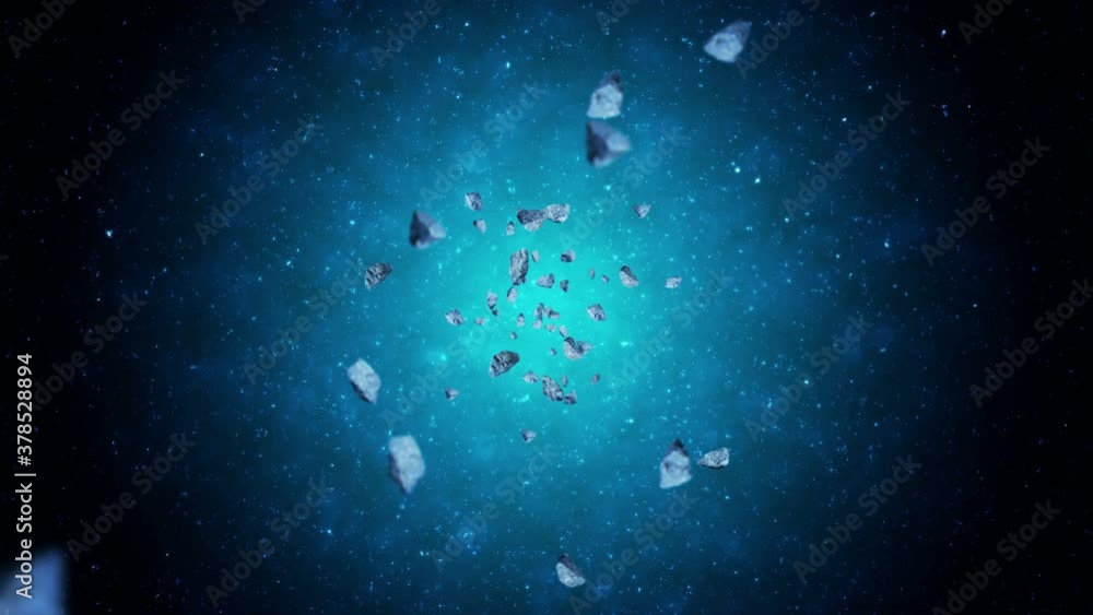 Flying many asteroids in deep space background. Broken splash explosion ...