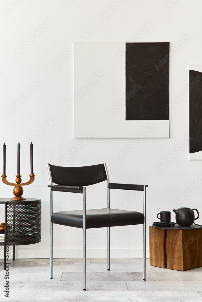 Interior design of modern living room with black stylish commode, chair ...