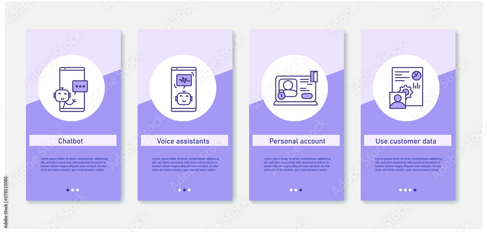 Customer service mobile app. Set of app screens with chatbot, voice ...