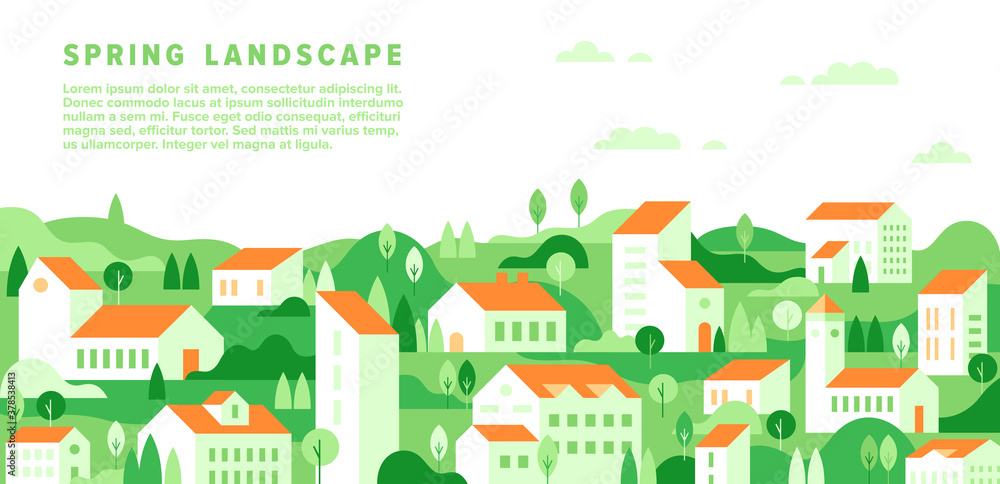 Vector spring cityscape in simple minimal geometric flat style ...