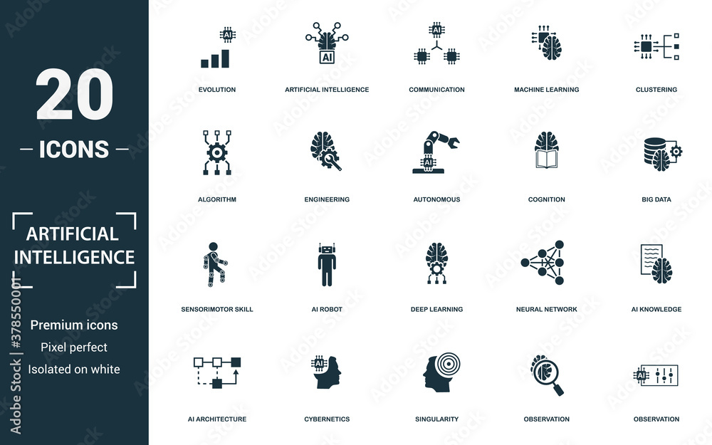 Artificial Intelligence icon set. Monochrome sign collection with ...