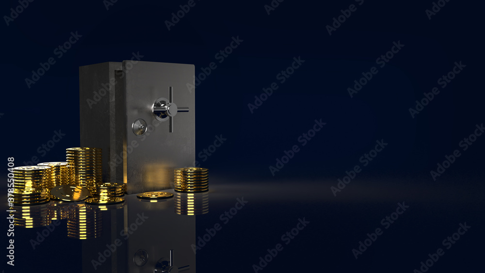 safe box and gold coins in dark background for security content 3d ...