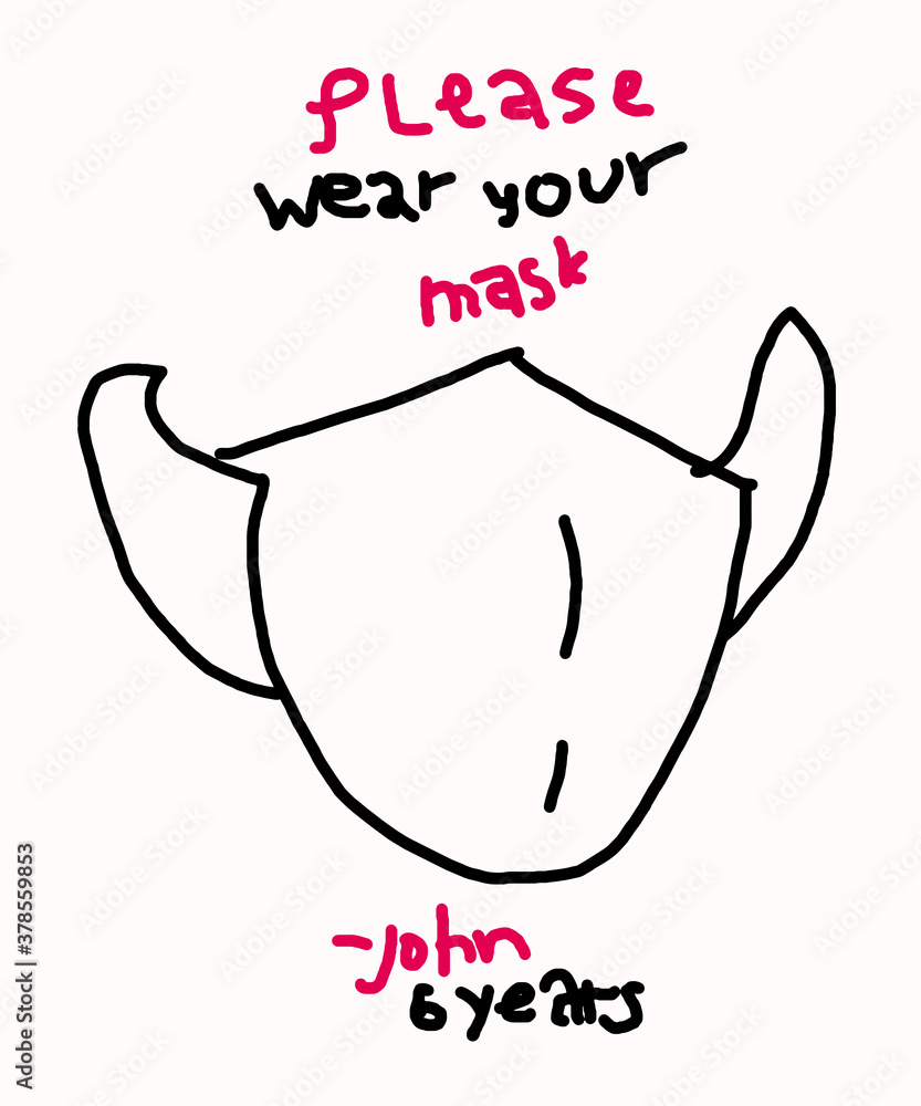 Please wear a mask child drawing poster. Hand-drawn doodle illustration ...
