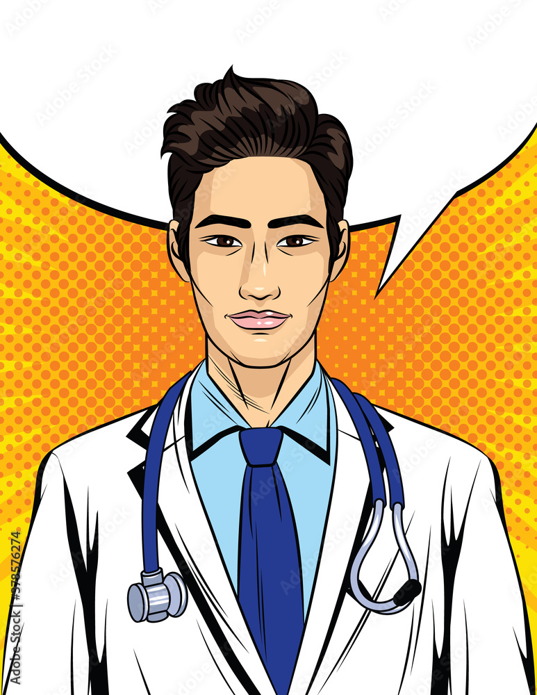 Color vector illustration in pop art style. Male doctor with a ...