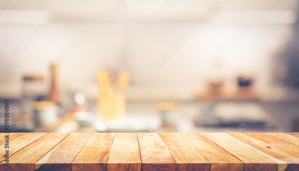 Wood texture table top (counter bar) with blur cafe, kitchen background ...
