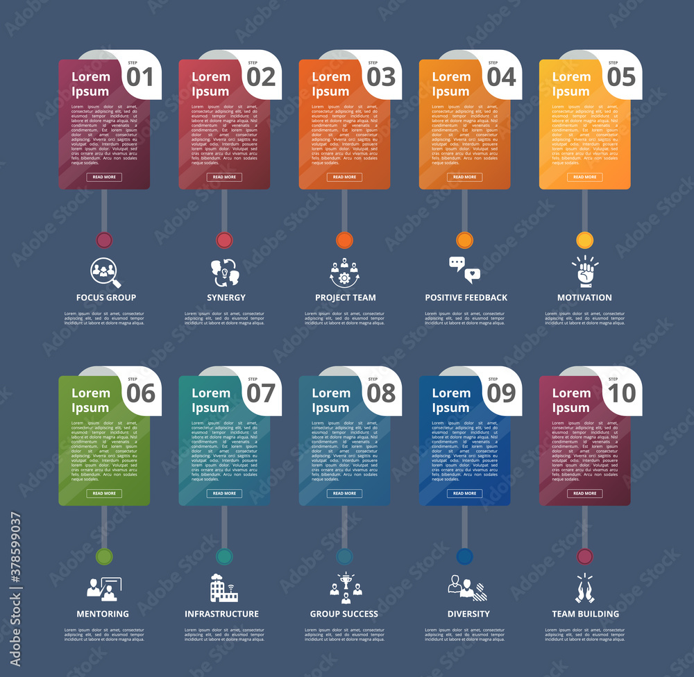 Infographic Team Building template. Icons in different colors. Include ...