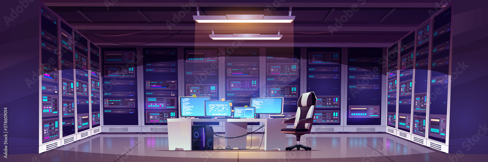 Data center room with server hardware, chair and desk with computer ...