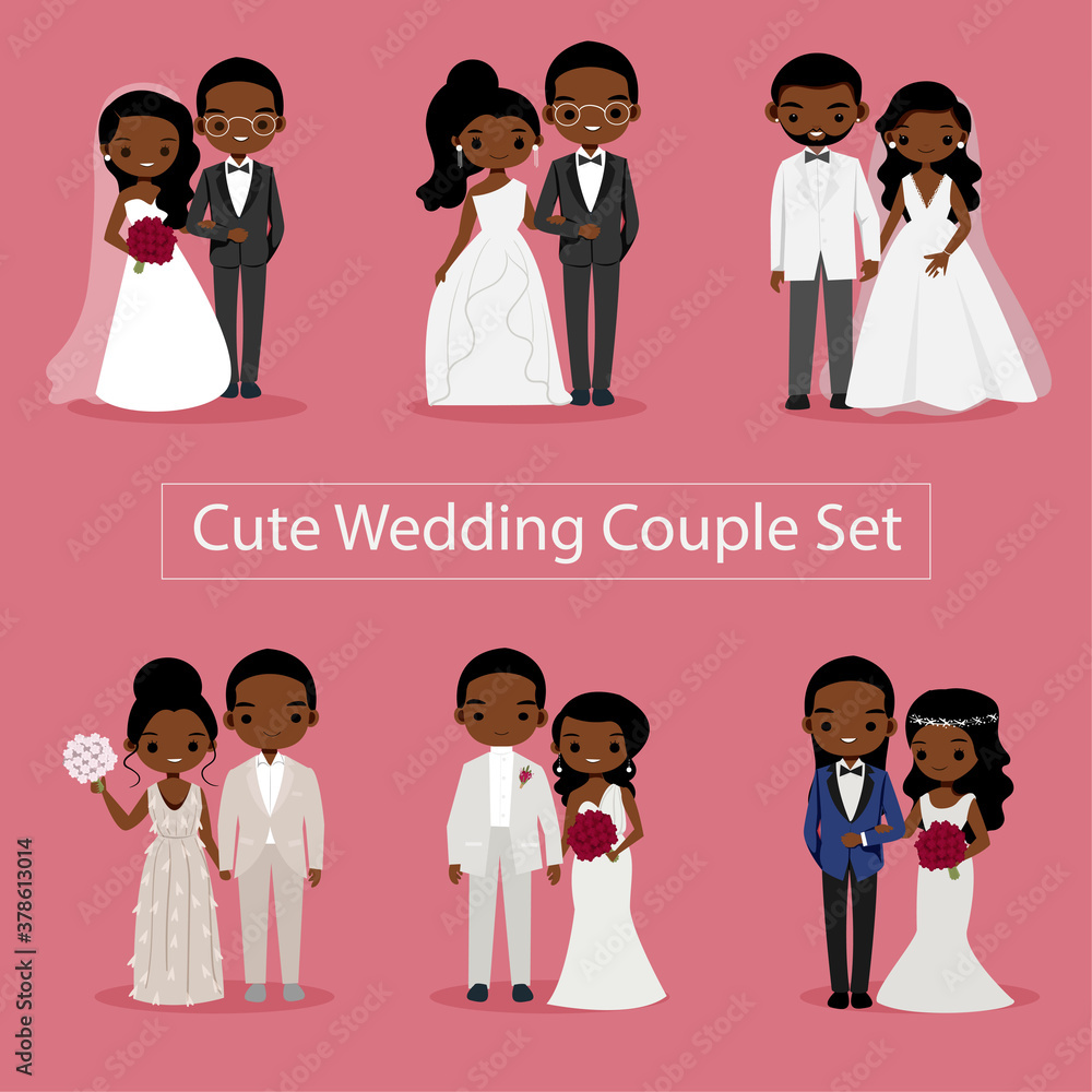 cute Black Couple bride and groom cartoon set for wedding invitation ...