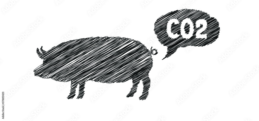 CH4 CO2 NOx emissions from pigs Vector piggy sign Funny farm animals ...