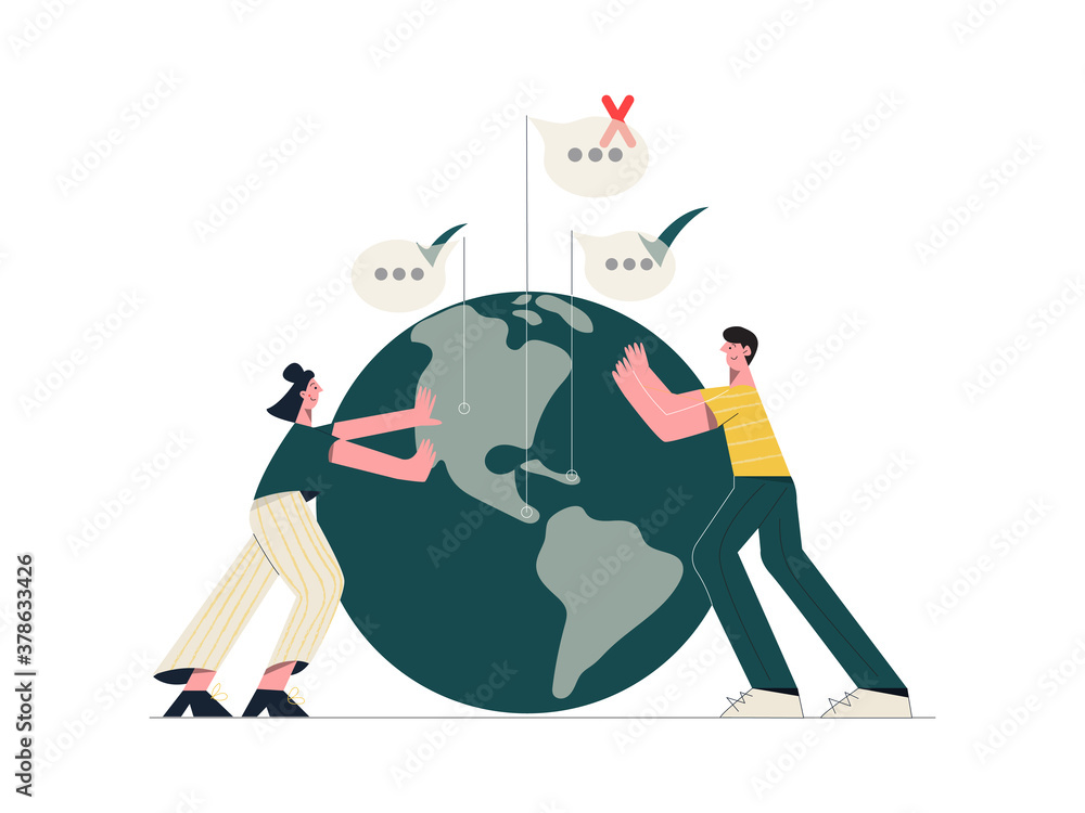 Fact check concept. Male and female characters checking Earth ...