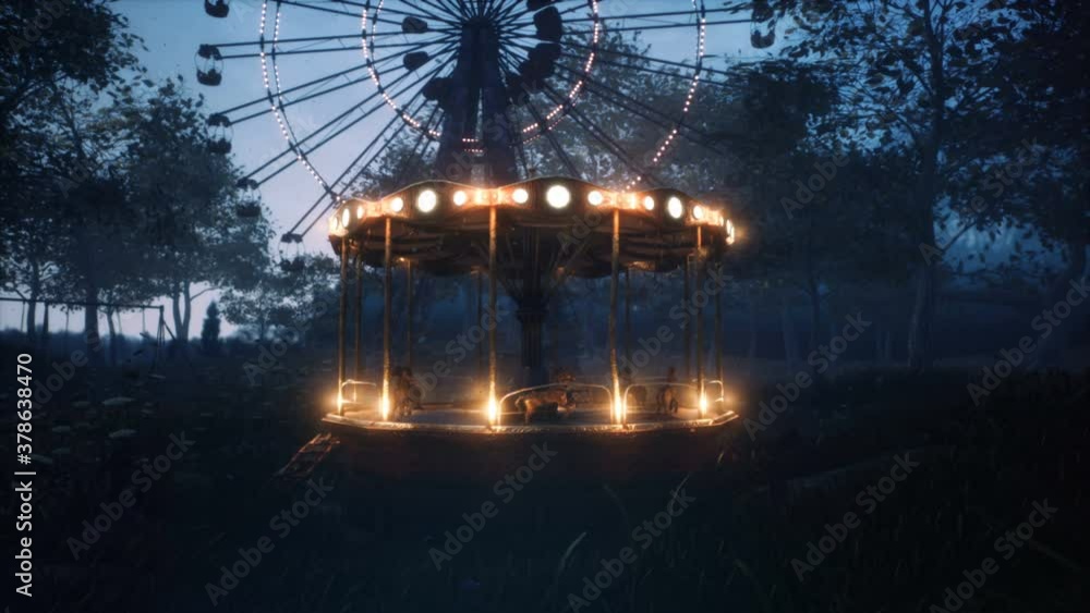 Abandoned Carousel and Ferris wheel in an amusement Park in an ...