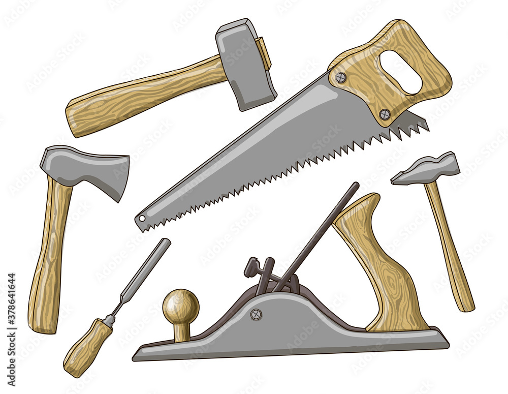 A set of carpentry tools is drawn on a white background - two hammers ...