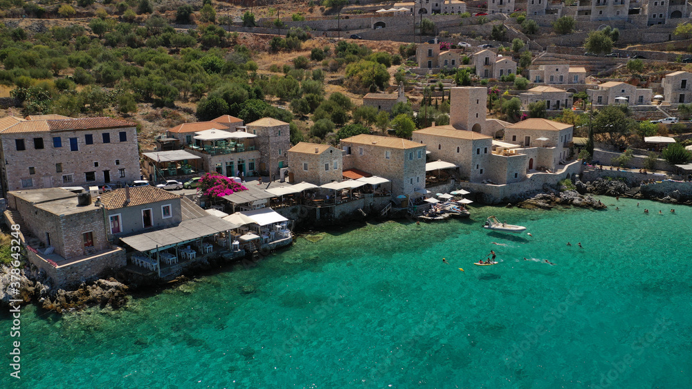 Aerial drone photo of beautiful small seaside village of Limeni with ...