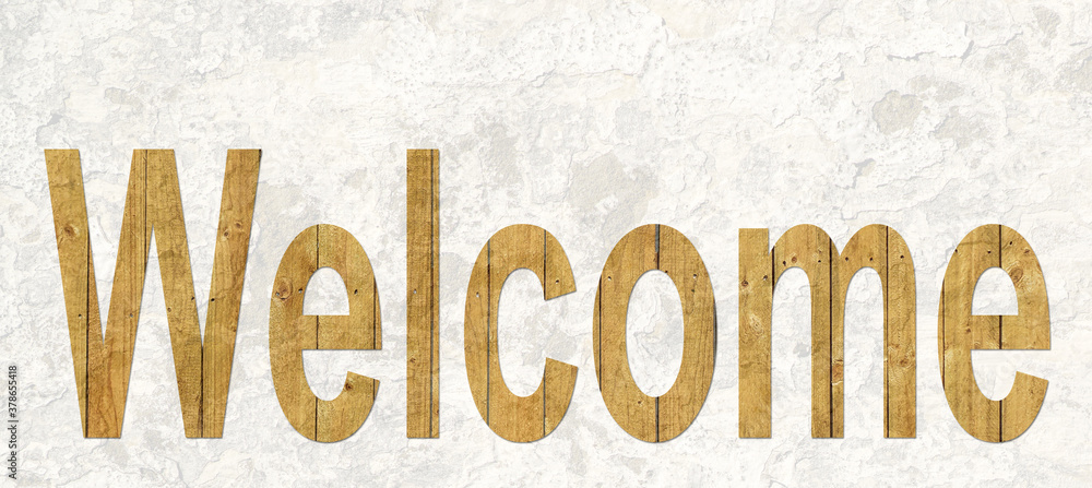 Welcome sign cut out from timber on a abstract background Stock ...