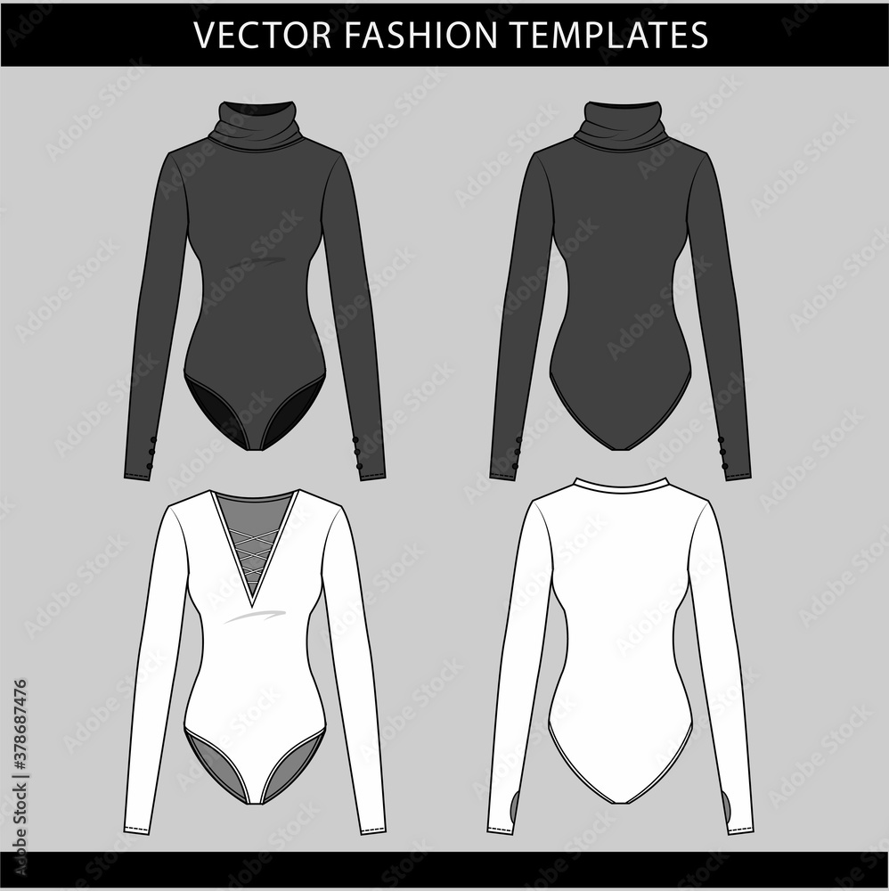 technical drawing fashion flat of women bodysuit with long sleeve front ...