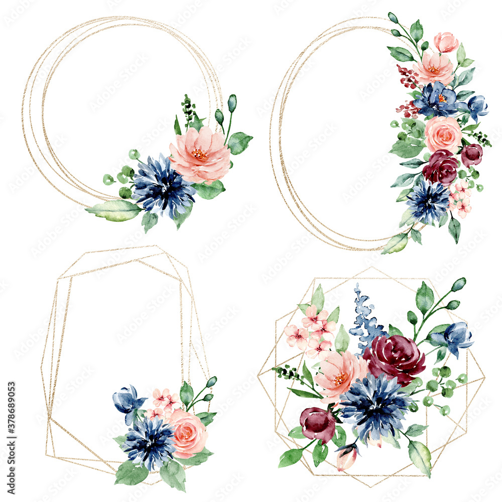 Gold frames borders with flowers . Watercolor set hand painting floral ...
