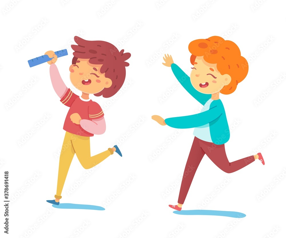 Children playing isolated illustration. Happy cute boys running and ...