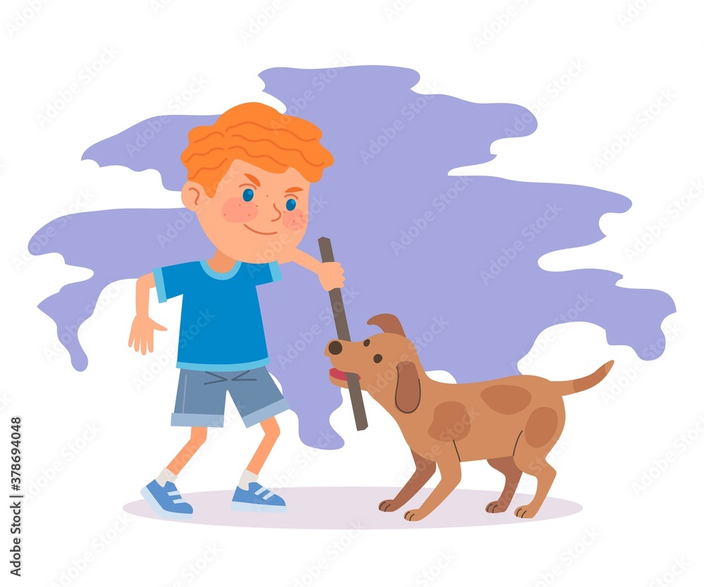 Naughty boy teases dog with stick, yelling at animal. Bad kid behavior ...