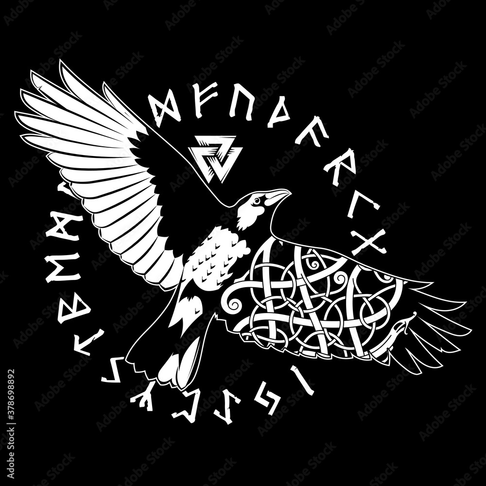 Flying black Raven in a circle of Scandinavian runic symbols, old Norse ...
