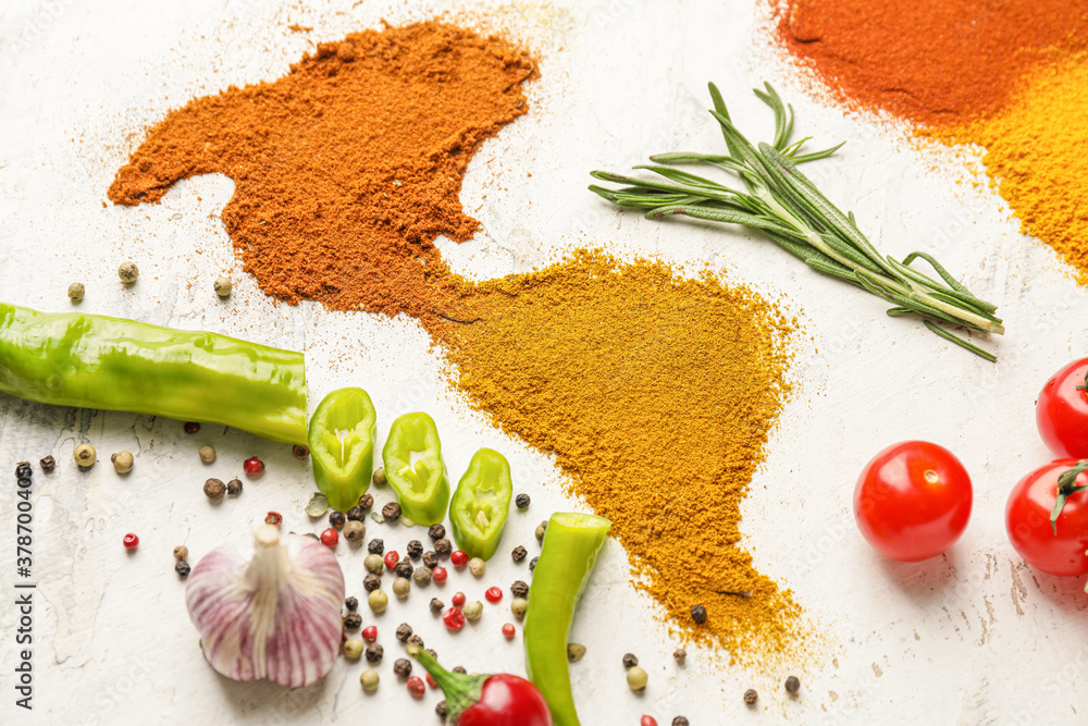 World map made of different spices on light background Stock Photo ...