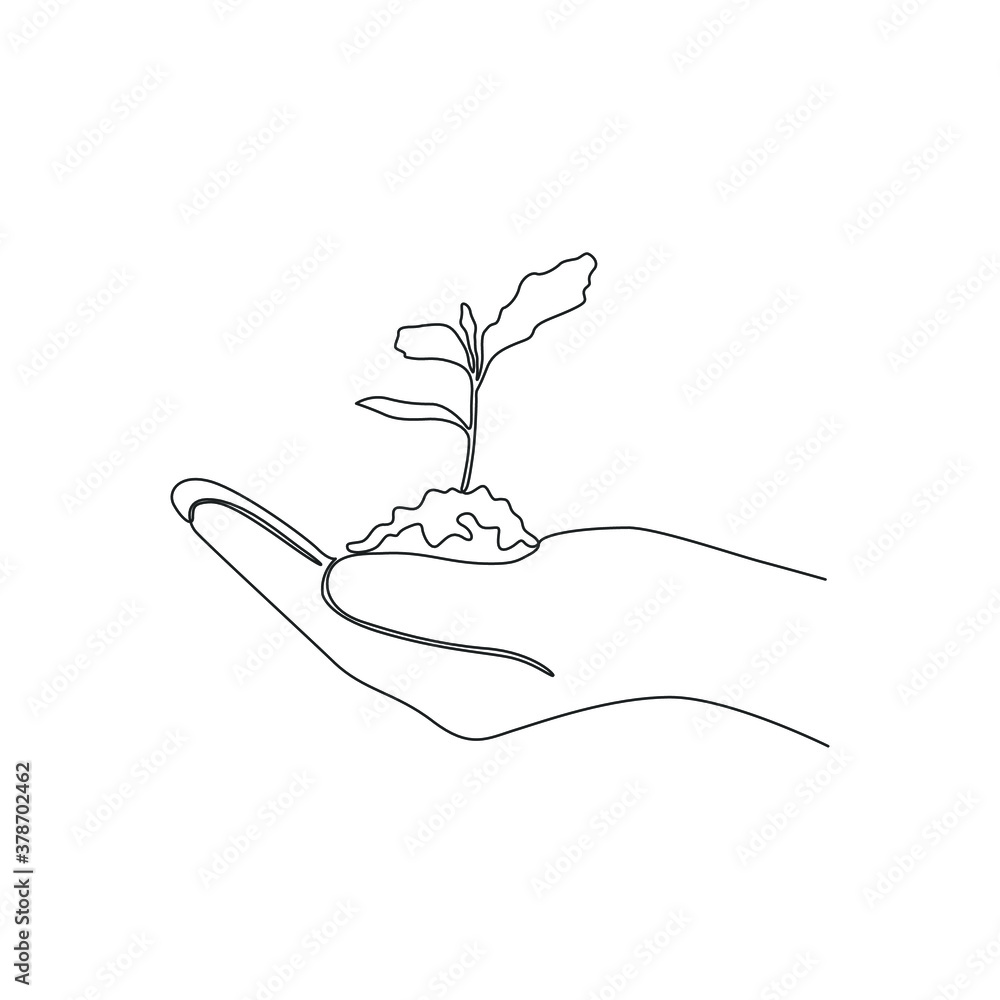 Continuous one line drawing of back to nature theme with hands holding ...