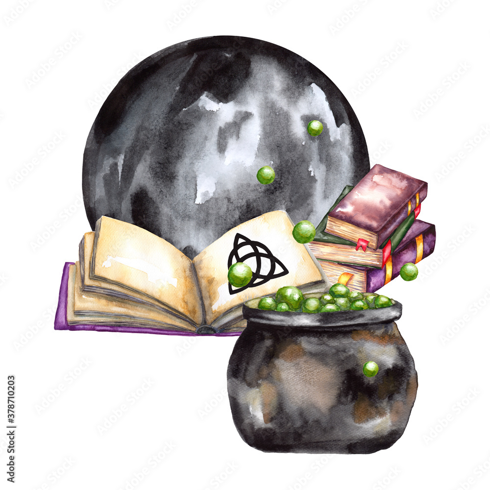 Watercolor books of magic, witch's cauldron with a potion, the moon ...