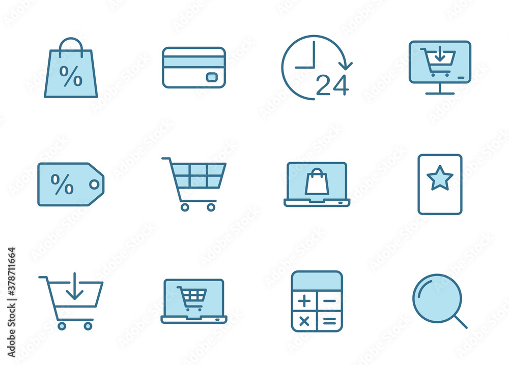 e commerce outline vector icons in two colors isolated on white. e ...