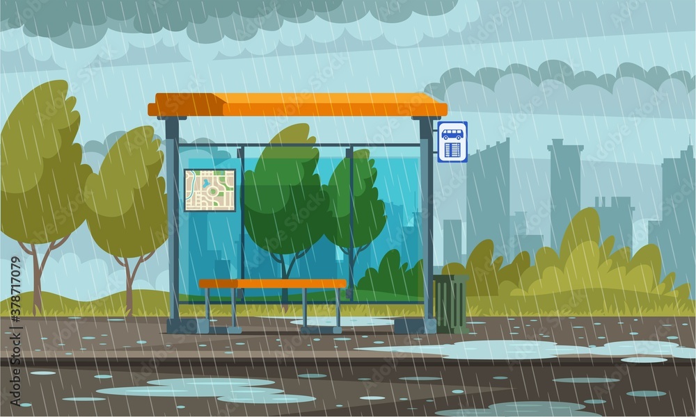 Vettoriale Stock Empty bus stop in rainy weather background. Outdoor ...