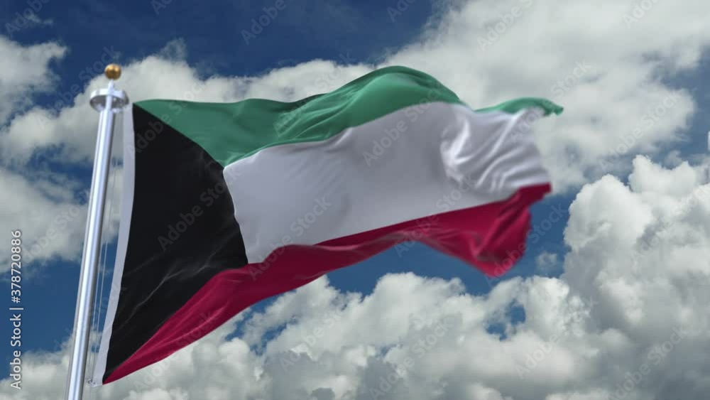 looping flag of Kuwait with flagpole waving in wind;timelapse rolling ...