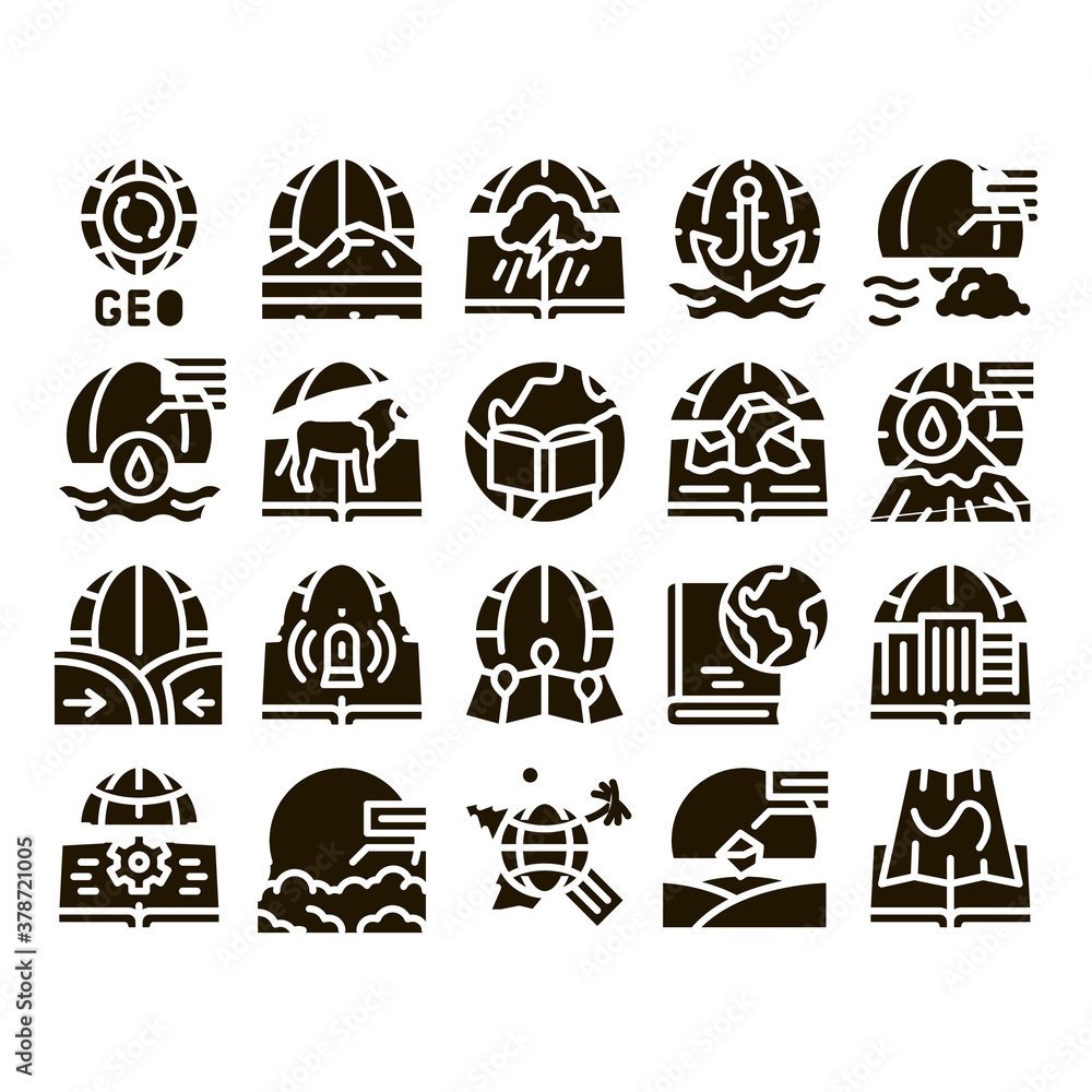 Geography Education Glyph Set Vector. History And Urban Geography ...