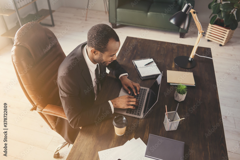 Profile photo of handsome dark skin business man guy notebook table ...