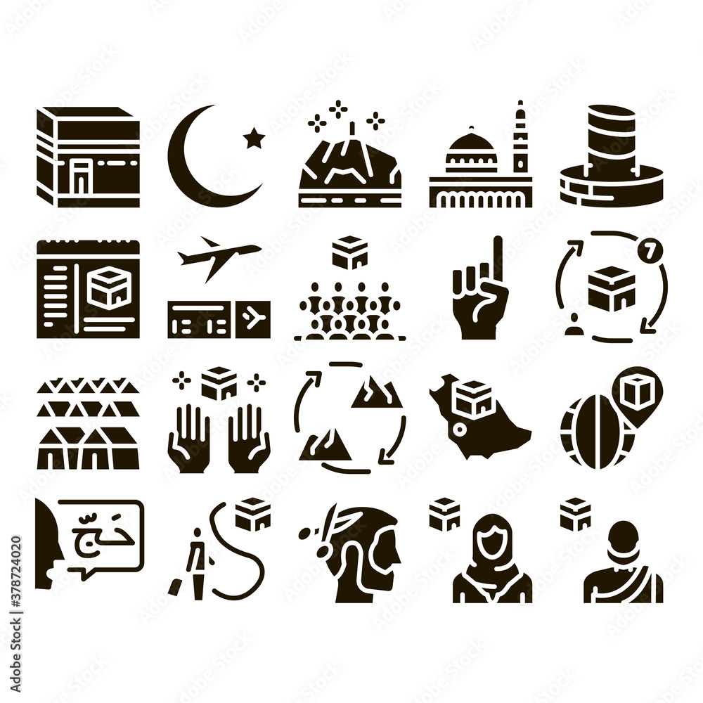 Hajj Islamic Religion Glyph Set Vector. Hajj Kaaba Building And Mosque ...