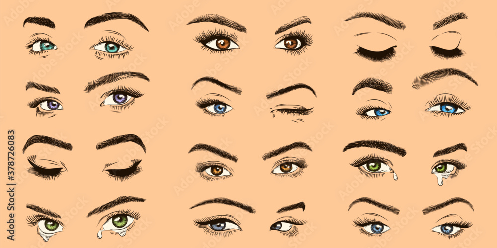 Female eyes. Open, closed and crying colored women eyes with luxurious ...