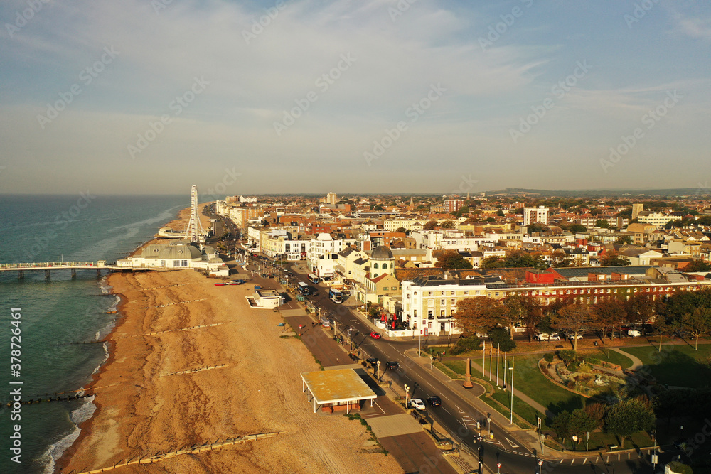 Worthing Seafront viewed from the air on a warm and sunny day, Worthing ...