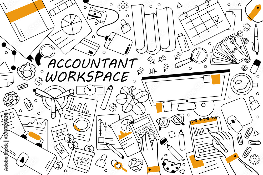 Accountant workspace doodle set. Collection of hand drawn sketches ...