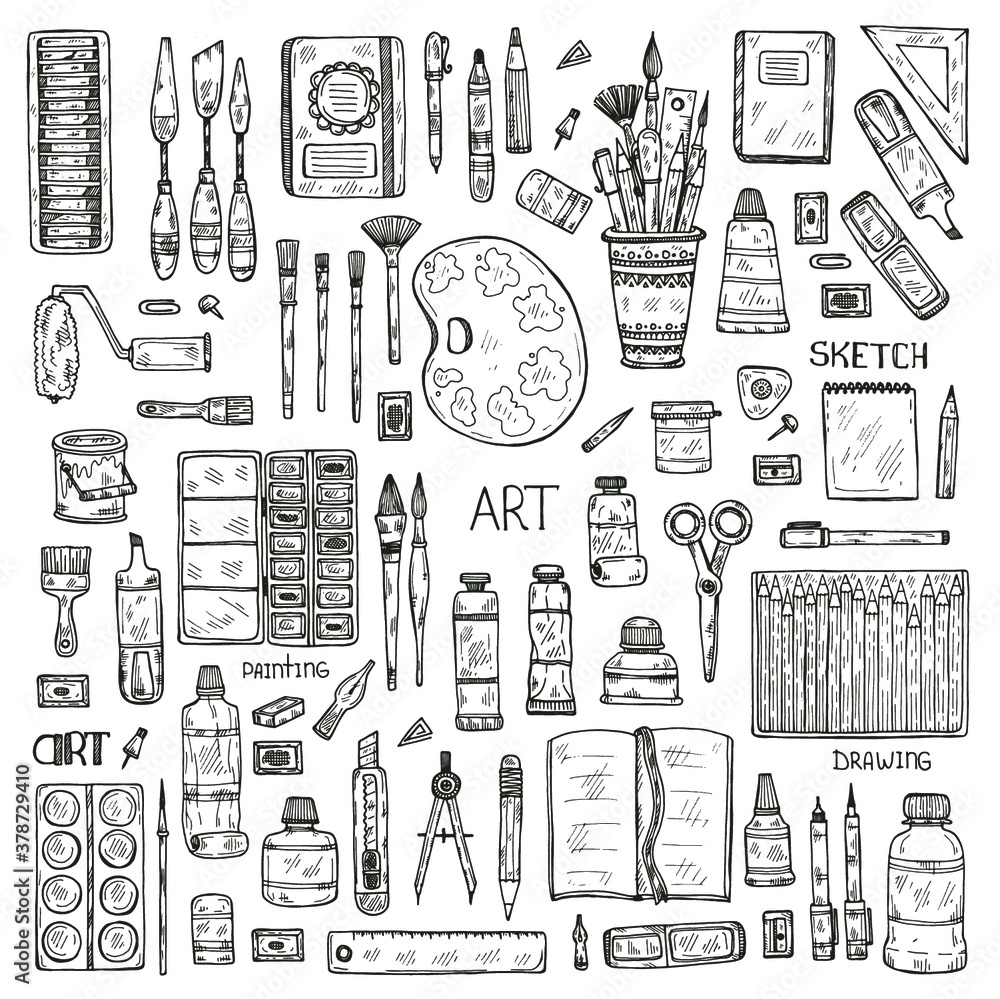 Set of cute hand drawn art tools including pencils; pens; watercolor ...