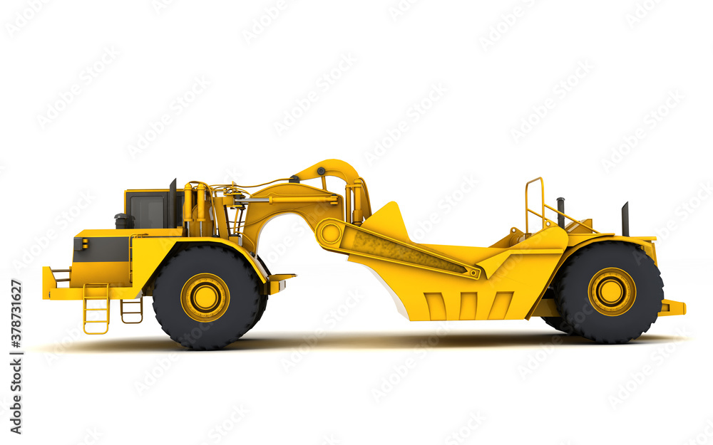 New clean wheel tractor scraper isolated on white background. Left side ...