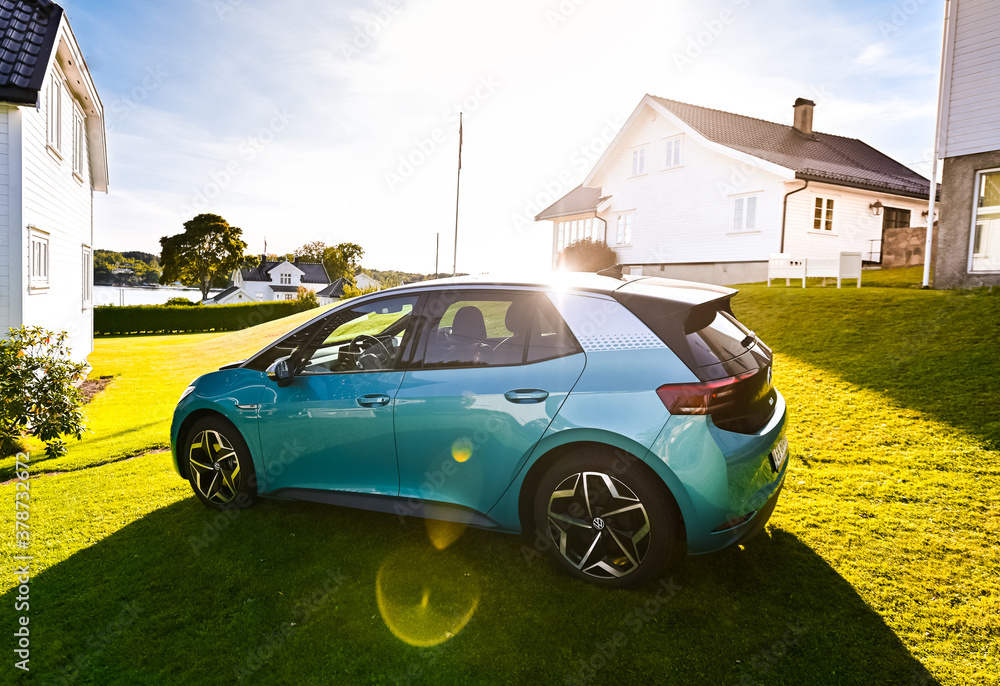 nT√∏nsberg, Norway - SEPT 17, 2020: azure blue I.D.3 is a compact C ...