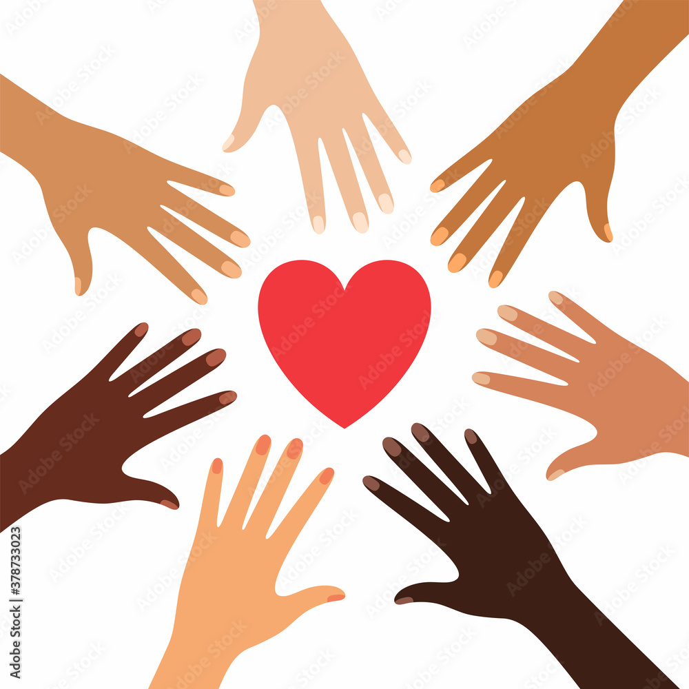 Hands with different skin colors reach for the red heart-racial ...