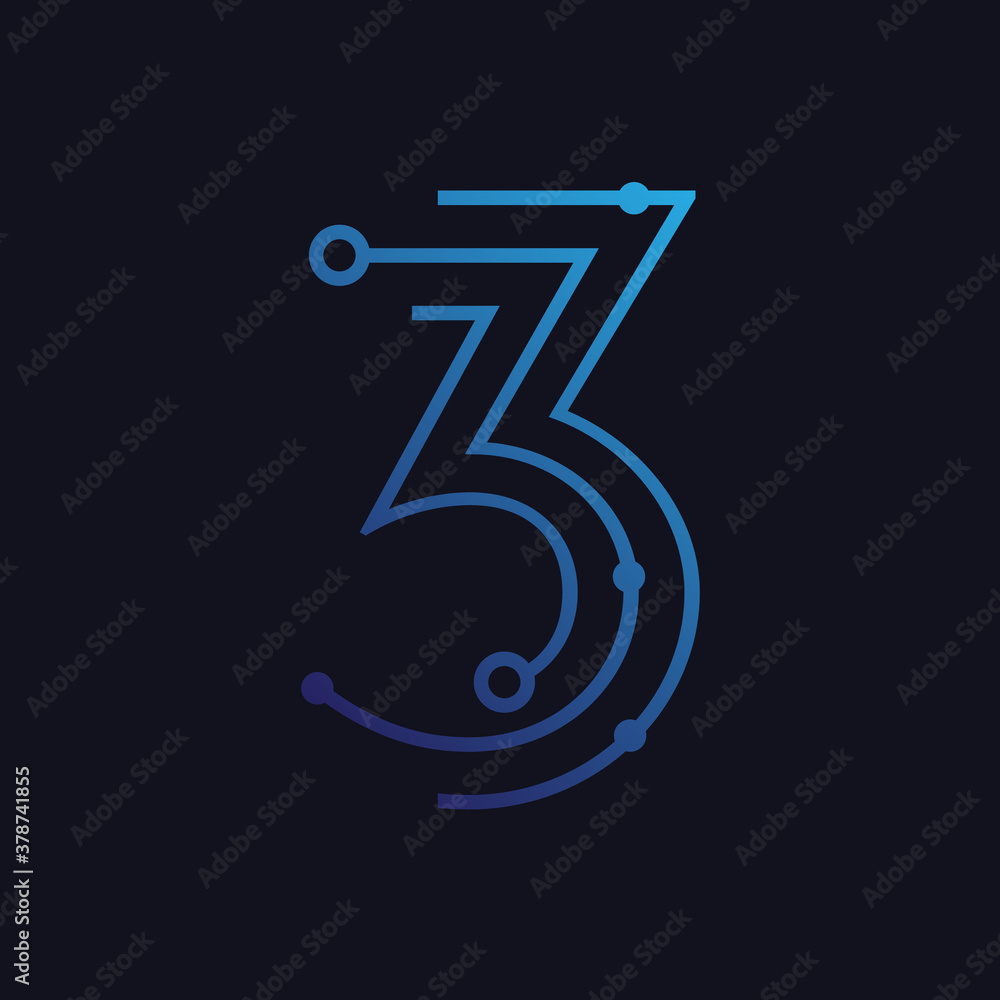 Number three / third / 3 vector font alphabet, technological flat ...