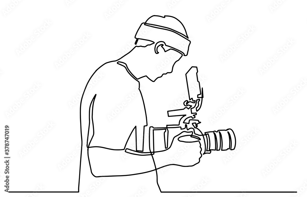 Young tourist man photographer with a camera takes pictures. One line ...