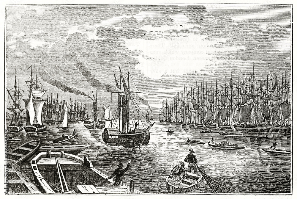 Old ships long lines in the Upper Pool, London. Ancient engraving grey ...