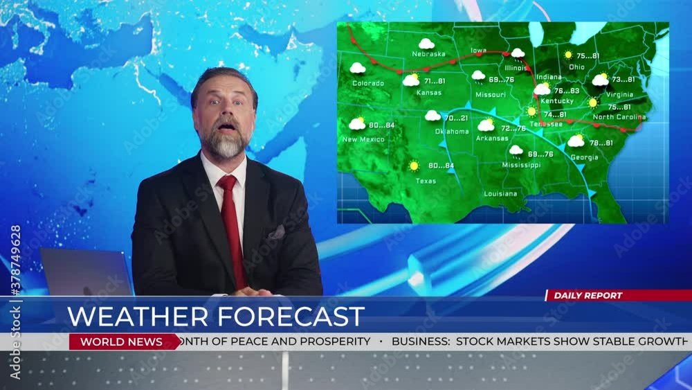 Live News Studio Professional Anchor Reporting on Weather Forecast ...