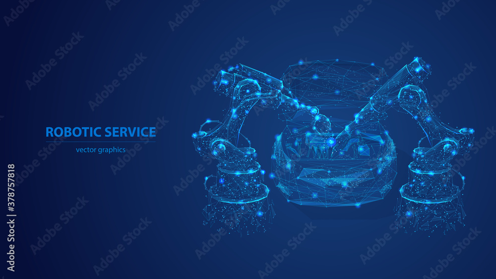 Abstract robotic arm and robotic tool repairing a car in blue ...