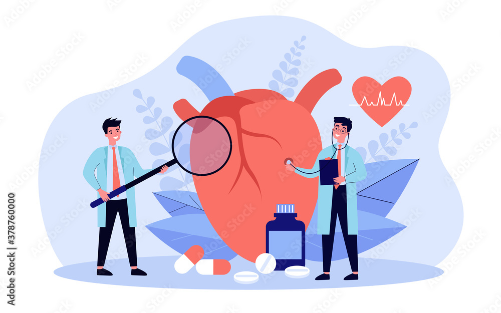 Heart disease research concept. Tiny cardiologist studying big heart ...