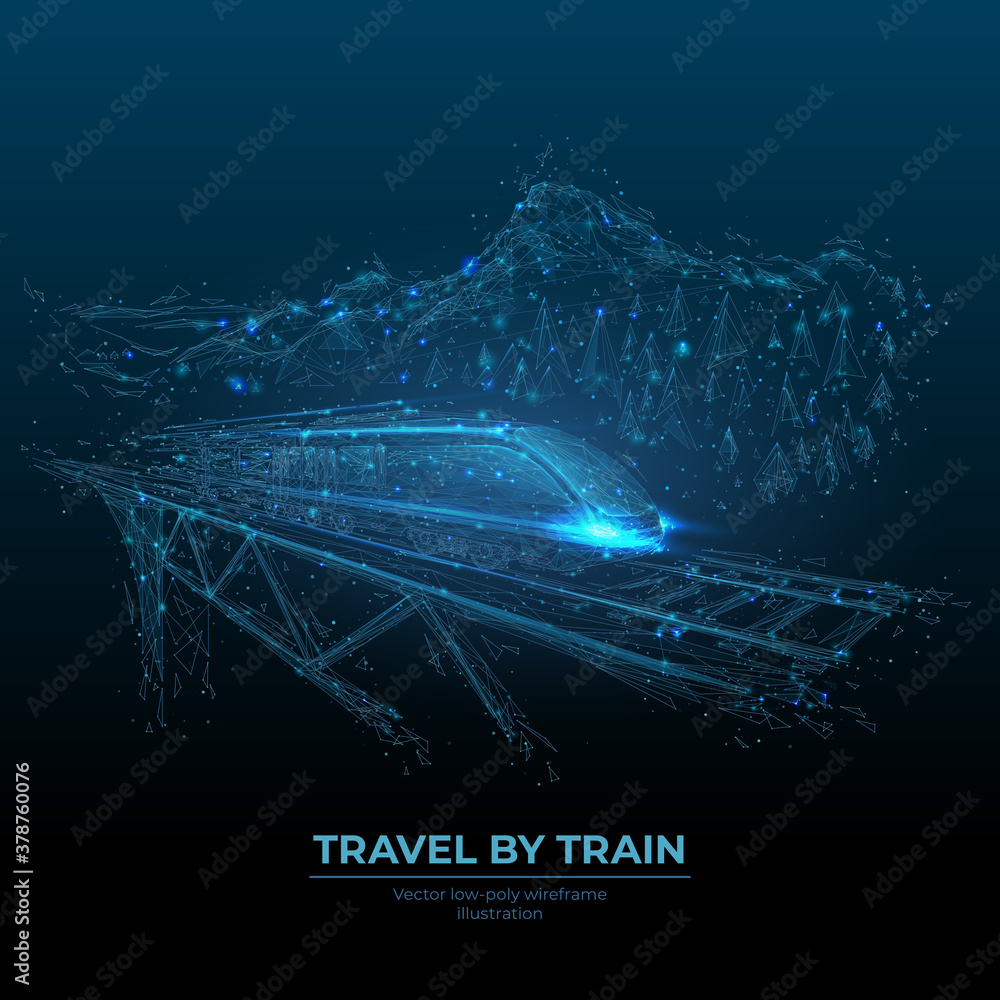 Abstract polygonal high-speed train on rail bridge in dark blue. Travel ...